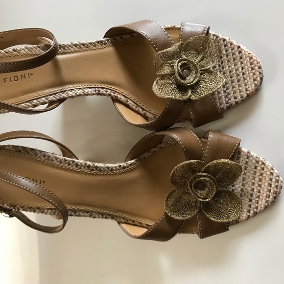 FIONI Clothing | Shoes | Fioni Strappy Wedge Sandal With Burlap Flower ...